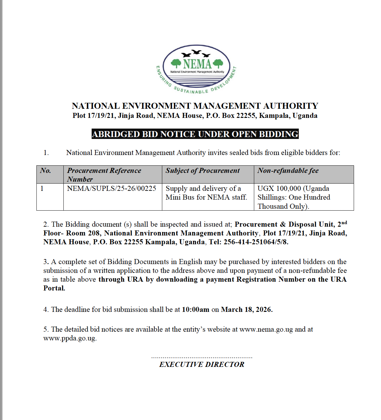 Supply and delivery of a Mini Bus for NEMA staff. - NEMA